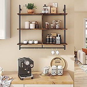 Bestier 41.5" Floating Pipe Shelving 3 Tier Industrial Wall-Mounted Ladder Shelf Hanging with Circular Tube, Wood Display Bookshelf Storage for Living Room Kitchen Balcony, Rustic Brown