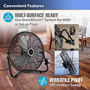 Lasko High Velocity Floor Fan with Wall mount Option, 3 Powerful Speeds, Pivoting Fan Head for Home, Garage, Attic, 20", Black, 2264QM