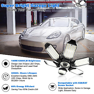 POLARPRA LED Garage Lights - 2 Pack Super Bright 32000LM LED Garage Ceiling Light 6500K LED Shop Light w/ 6 Deformable Panels Screw in E26/E27 Socket LED Bulbs for Workshop Storage Warehouse Attic