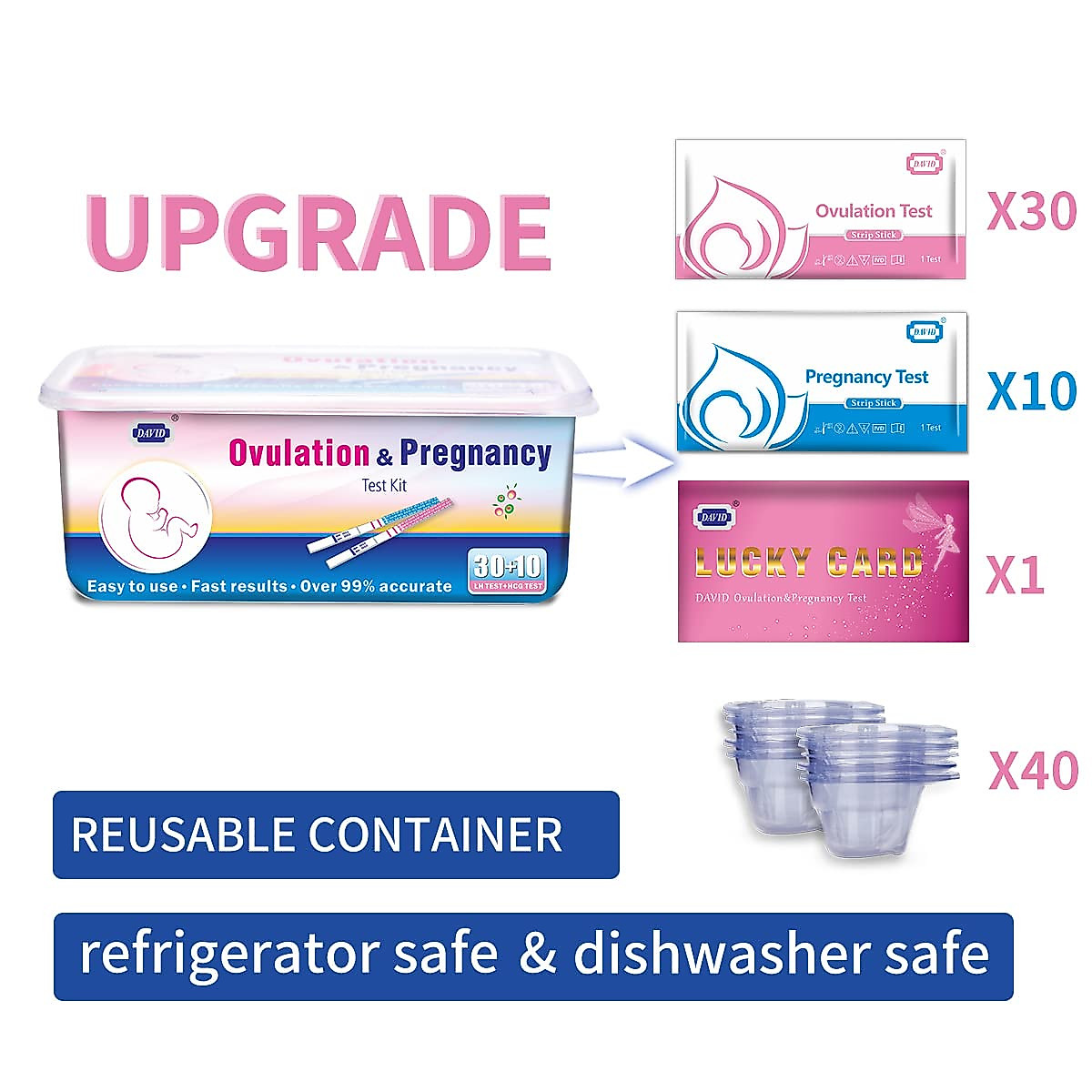 DAVID Ovulation Predictor Kit, 30 Ovulation Tests + 10 Pregnancy Tests Strips, 40 Count with Urine Cups, Fertility Test for Women, Over 99% Accurate (30LH-10HCG), EXP 10-30-2023