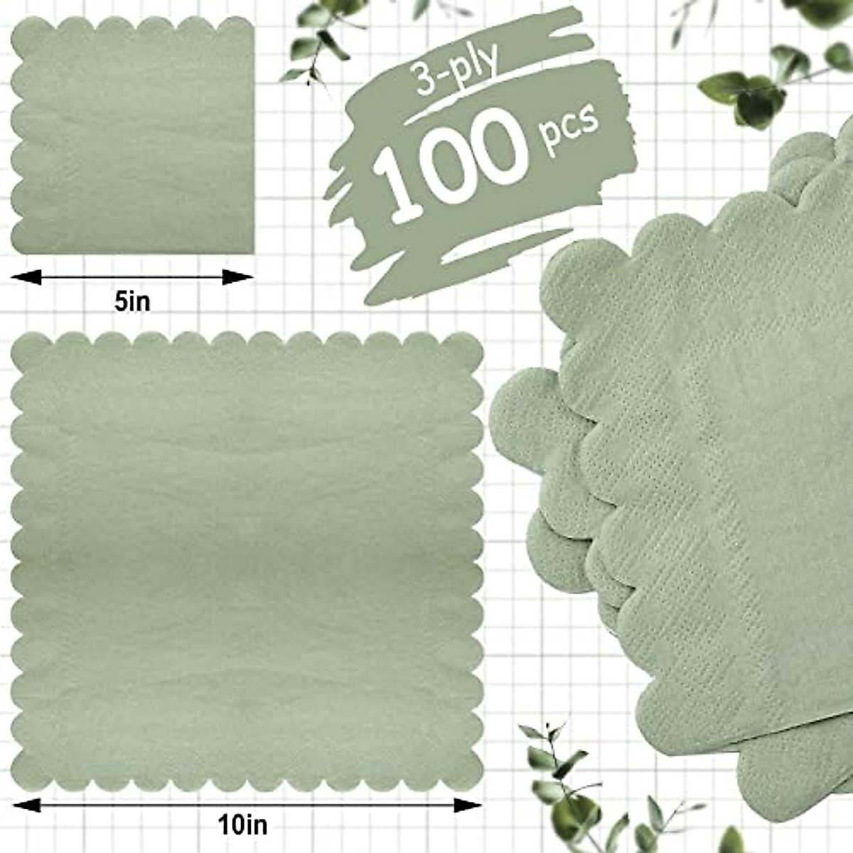 100 Pcs Scalloped Edged Cocktail Napkins Sage Green Square 3 Ply Paper Napkins Disposable Scalloped Napkins for Birthday Wedding Party, 5 x 5 Inch Folded