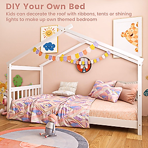 Giantex House Bed Twin, Solid Wood Kids House Bed with Roof, Headboard and Footboard, Low Floor Twin Bed Frame for Toddlers Teens Girls Boys, No Box Spring Needed, White