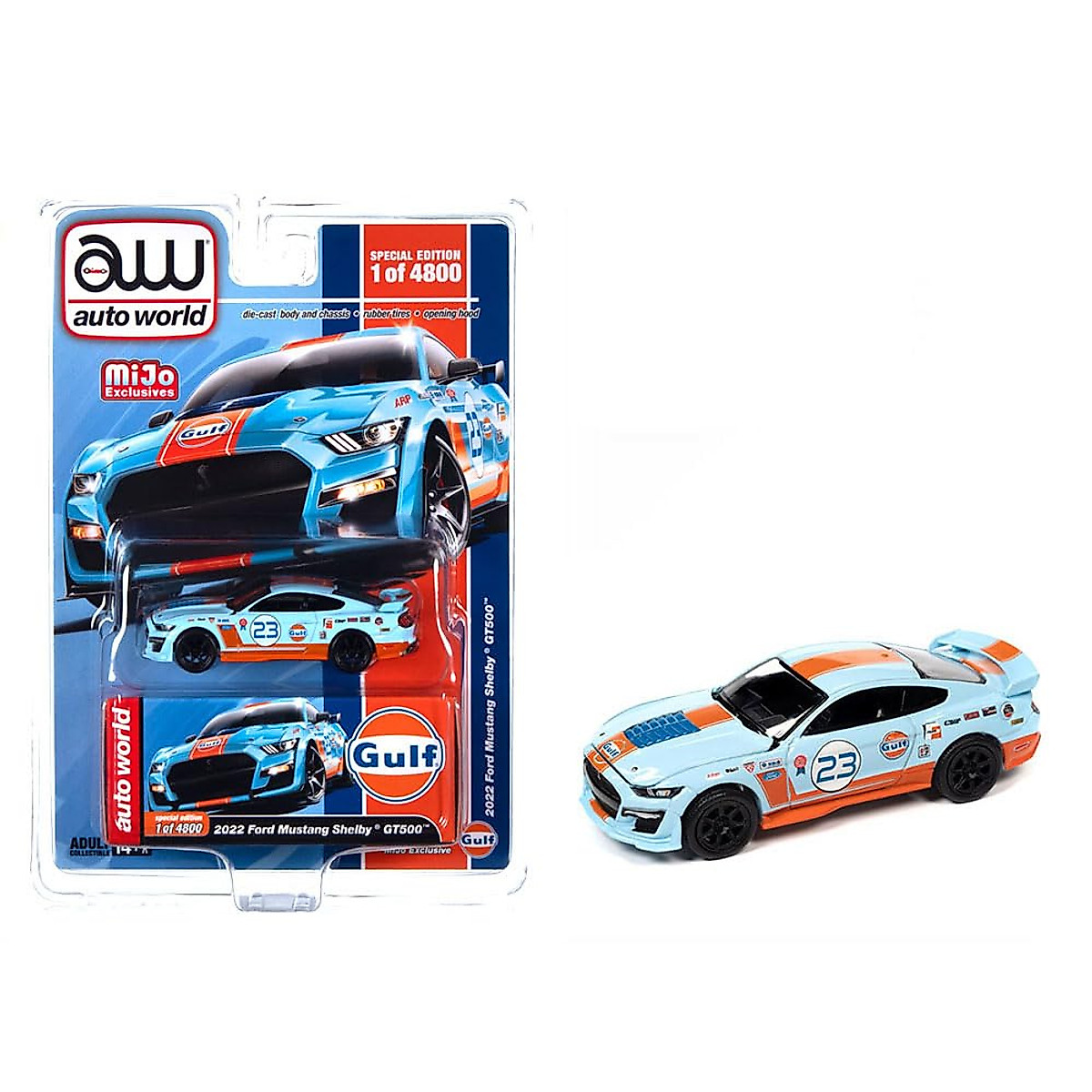 2022 Shelby GT500#23 Light Blue with Orange Stripes Gulf Oil Limited Edition to 4800 Pieces Worldwide 1/64 Diecast Model Car by Auto World CP8052
