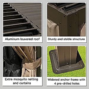 Domi Outdoor Living 10’ X 13’ Outdoor Louvered Pergola Aluminum Patio Garden Gazebo with Adjustable Roof for Backyard, Garden w/Curtains and Netting (Dark Brown)