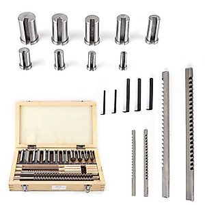 18Pcs Keyway Broach Kit Inch Size, HSS Keyway Broach Kit Ferrule Bushing Gasket Set Metal Process 4 Broaches 9 Collared Bushings 5 Shims with Wooden Box