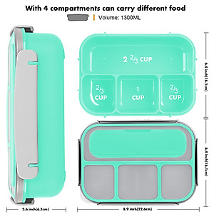 Bento Box, Lunch Box Kids, 1300ML Bento Box Adult Lunch Box with 4 Compartment &Food Picks Cake Cups, Lunch Box Containers for Adults/Kids/Toddler, Leak-Proof, Microwave/Dishwasher/Freezer Safe(Green)