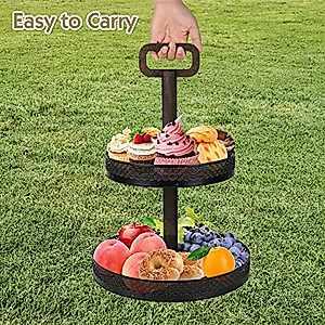 WeGXY Two Tiered Tray, Black Walnut Tiered Tray Stand,Farmhouse 2 Tier Tray,Wooden Rustic and Metal Lace Tiered Tray for Home Kitchen