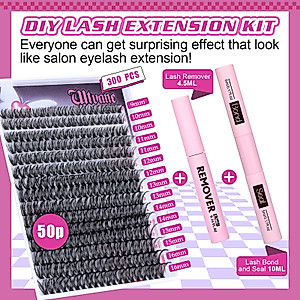 Lash Extension Kit 300PCS Lash Clusters Kit 50D Individual Lashes 9-16MM Cluster Eyelash Extensions Kit D Curl Eyelash Extension Kit with Bond and Seal and Lash Remover by wtvane (Kit-50D-9-16MIX)