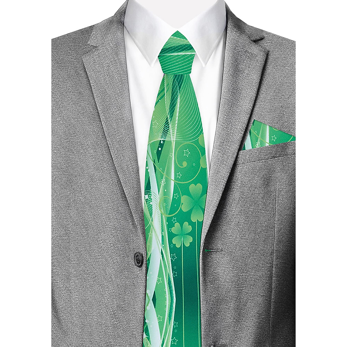 Jacob Alexander Men's Happy Saint Patrick's Day Abstract Wavy Four-Leaf Clover Stars Regular Length Neck Tie - Green