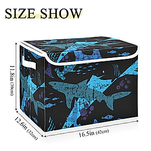 DOMIKING Sharks Large Storage Bin with Lid Collapsible Shelf Baskets Box with Handles Toys Organizer for Shelves Cabinet Nursery Drawer