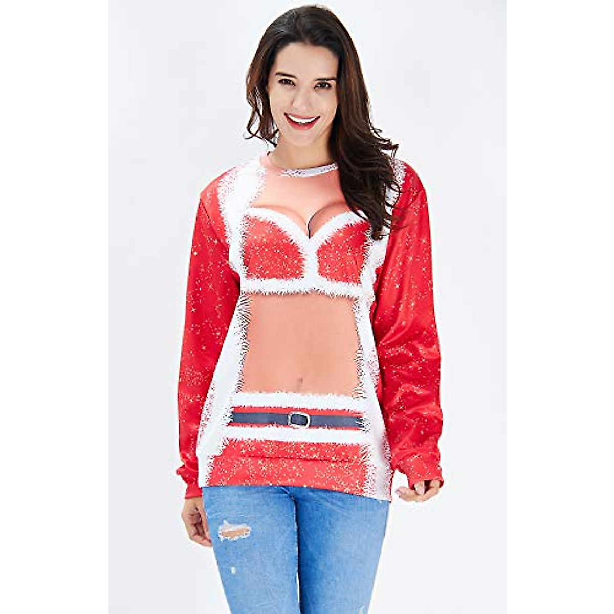 RAISEVERN Womens Ugly Christmas Sweater Funny Sex Design Fake 2 Pieces Pullover Sweatshirt Red 2,XXL