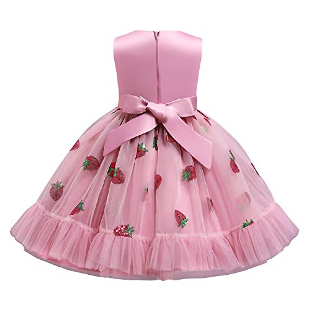 Baby Girls Sleeveless Floral Lace Shiny Strawberry Embroidery Princess Bridesmaid Dress for Baby Flower Ruffles Tulle Communion Baptism Holiday Dance Evening Short Gown Bean Pink 5-6X