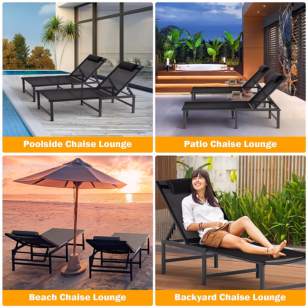 WOAJNQO Chaise Lounge Chair Outdoor,Aluminum Patio Lounge Chairs Set of 2, Adjustable 5-Position Recliner and Full Flat Tanning Chair with Pillow for Pool, Outside,Beach,Black
