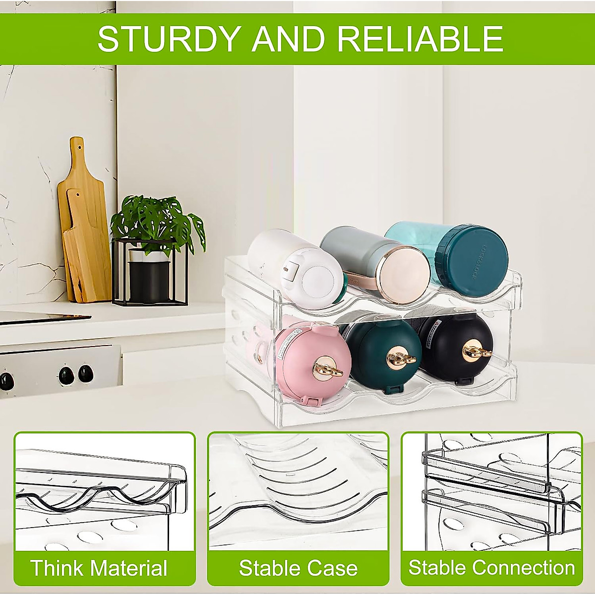 Stackable Bottle Rack Organizer for Refridgerator, Stackable Canned Food Pop Cans Container Water Tumbler for Fridge Pantry Rack Freezer, Clear Plastic Storage Bins,Holds 6-12 Long Bottles Cans Each