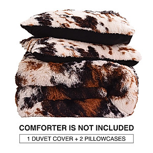 Aimuan Cow Print Duvet Cover Shaggy Fluffy Tie Dye Brown Black Velvet Bedding Set Super Soft Faux Fur Fuzzy Comforter Cover with Pillowcases (Coffee-Black, King)