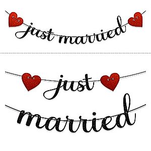 Ushinemi Black Just Married Banner Sign for Wedding Party Decoration Supplies, Bridal Shower with 2 Red Glitter Hearts