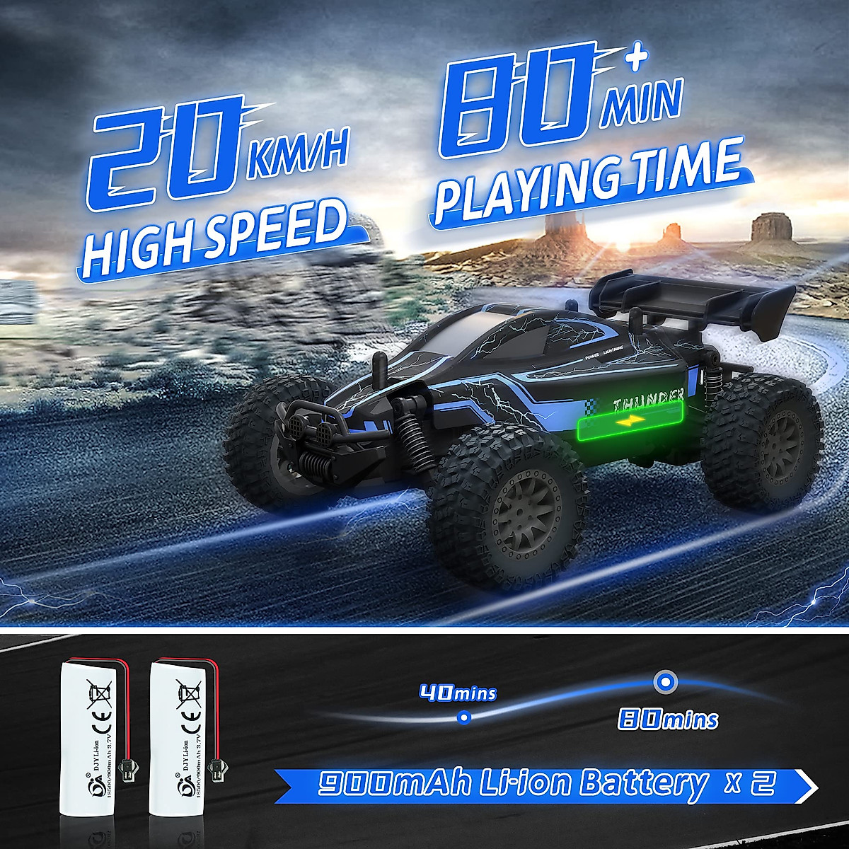 TURCGUO RC Truck,1:18 2WD All Terrain Fast Remote Control Car Electric Race Gift Boy Toy Off Road 20km/h 2.4GHz Radio RC Monster Truck for Adults with 2 Rechargeable Batteries