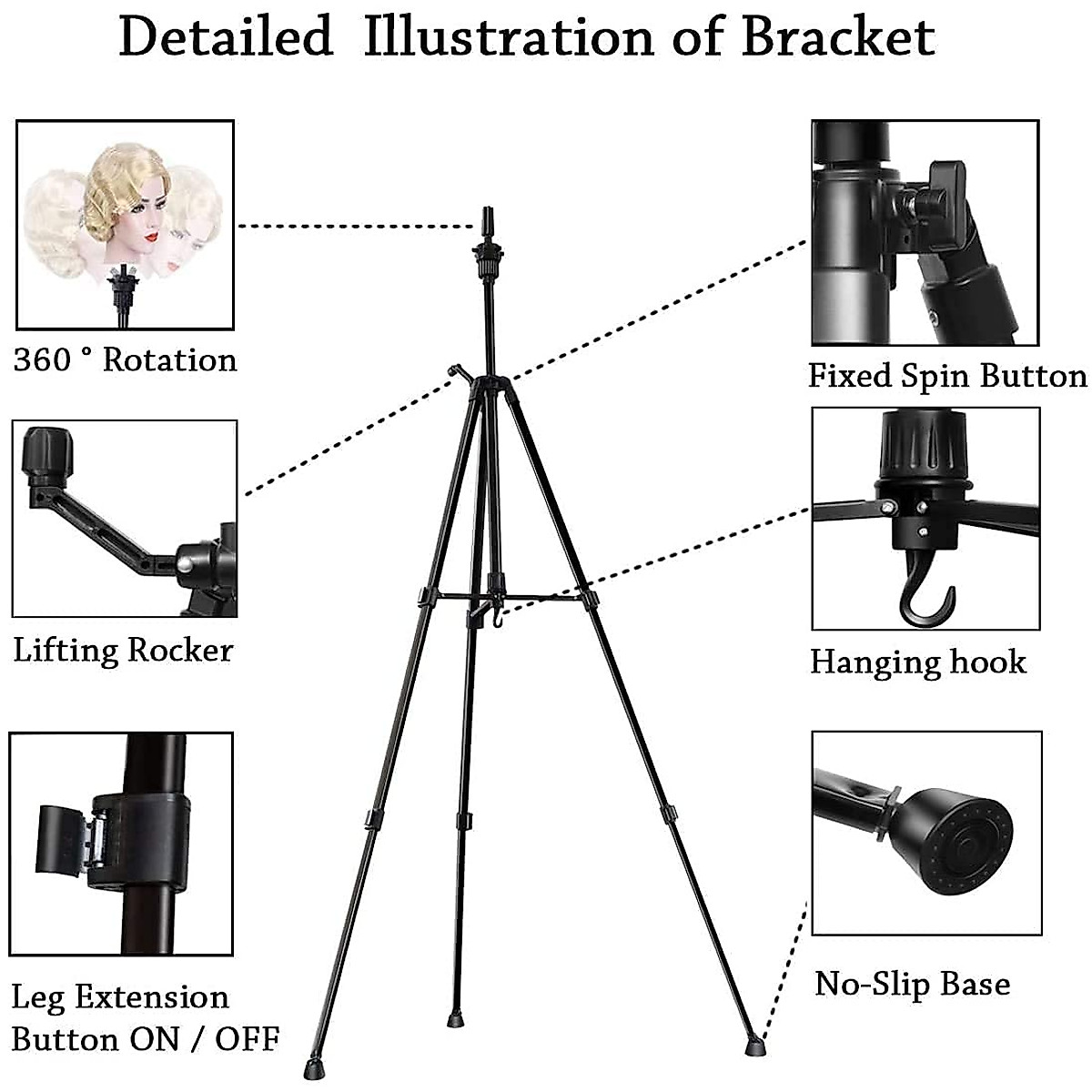 DANSEE Wig Stand Tripod, Metal Mannequin Head Stand Adjustable (24 - 64 inch)