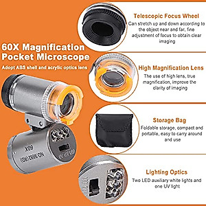 plplaaoo Digital Microscope,Pocket Microscope,Portable Microscope,UV Lighted Pocket Handheld Microscopes,Pocket Microscope 60X Magnification 2 LED Lights 1 UV Light for Jewelry Observation & Currency