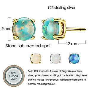 18K Gold Plated Opal Stud Earrings for Women Sterling Silver 5mm Solitaire Green Opal 4 Prongs Setting Simple Women Earrings