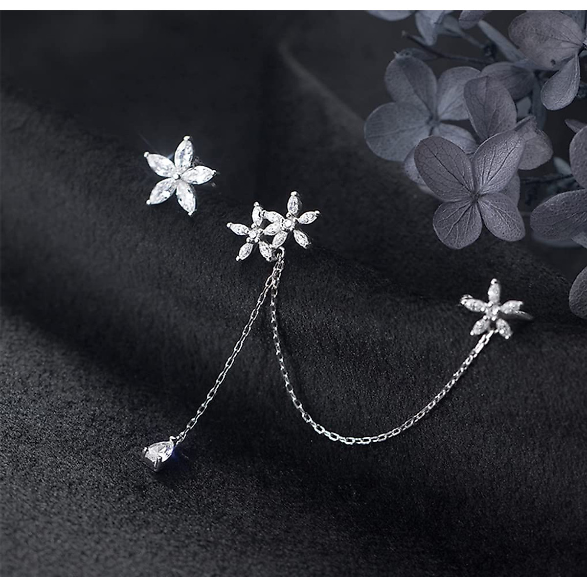 SLUYNZ 925 Sterling Silver Daisy Flowers Cuff Earrings Chain for Women Asymmetric CZ Daisy Earrings Crawler Earrings Dangling Chain (Asymmetric)