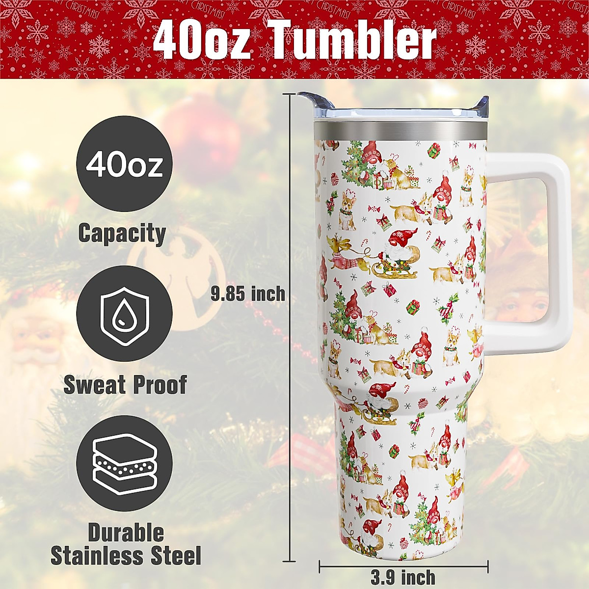 owbgsdh 40 oz Christmas Tumblers with Handle and Straw, Gnome Corgi 40oz Stainless Steel Vacuum Insulated Travel Coffee Mug Cup Water Bottle, Christmas Decor Stuff Accessories Gifts for Women