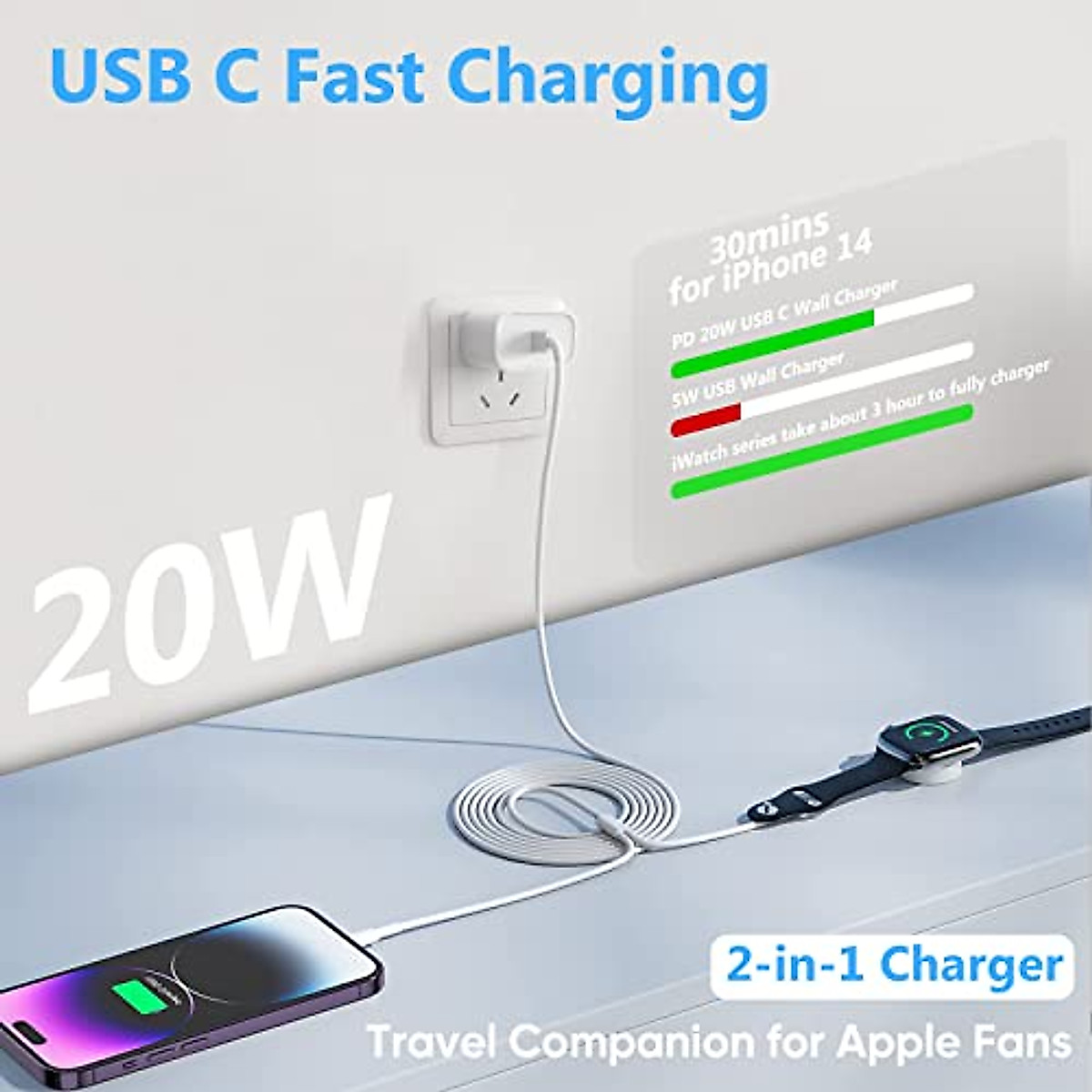 2 in 1 USB-C Fast Apple Watch Charger,6.6FT Apple Certified Wireless iWatch Charger Magnetic Charging Cable with 20W USB C Wall Charger Plug for Apple Watch Series 8/7/SE/6/5/4/3 & iPhone 14/13/12/11