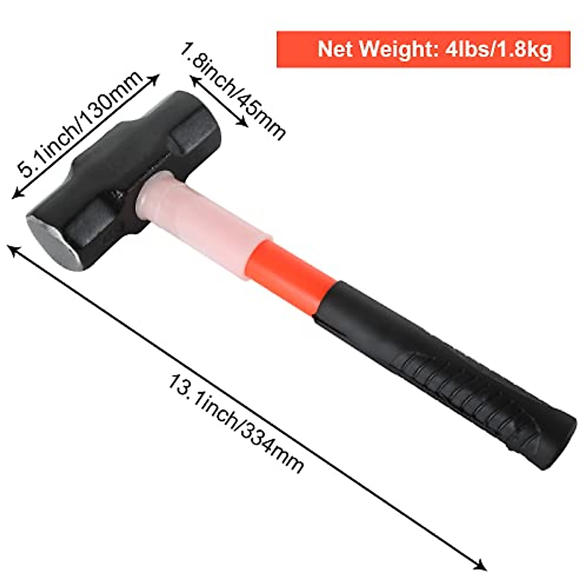 FVIEXE 4lb Sledge Hammer, 4 Pound Drilling/Crack Hammer with Forged Steel Construction & Fiberglass Handle Shock-Resistant for Striking, Engineering Hammer for Farm Gardening Land Management Yard Work