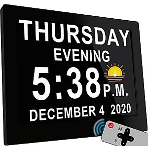 【Upgraded】 Dementia Clock 2.0 with Auto DST, Large 8" Display, 19 Alarms, DIY Custom Reminders,10 Auto-Dim Options, Non-Abbreviated Digital Clock for Elderly, Memory Function (8 Inch with Remote)
