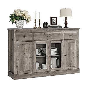 HOSTACK Sideboard Buffet Cabinet with Storage, 55" Large Kitchen Buffet Storage Cabinet with Drawers | Glass Doors, Modern Farmhouse Coffee Bar Cabinet, Wood Buffet Table Dining Room Cabinet, Ash Grey