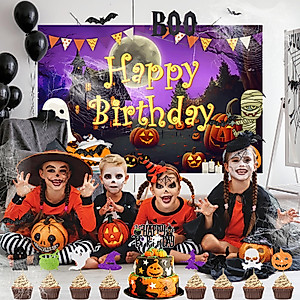 Fiesec Halloween Birthday Party Decorations, Halloween Themed Birthday Party Decorations Backdrop Happy Birthday Banner Balloon Garland Tablecloth Cake Topper Spider Ghost Purple Black Orange