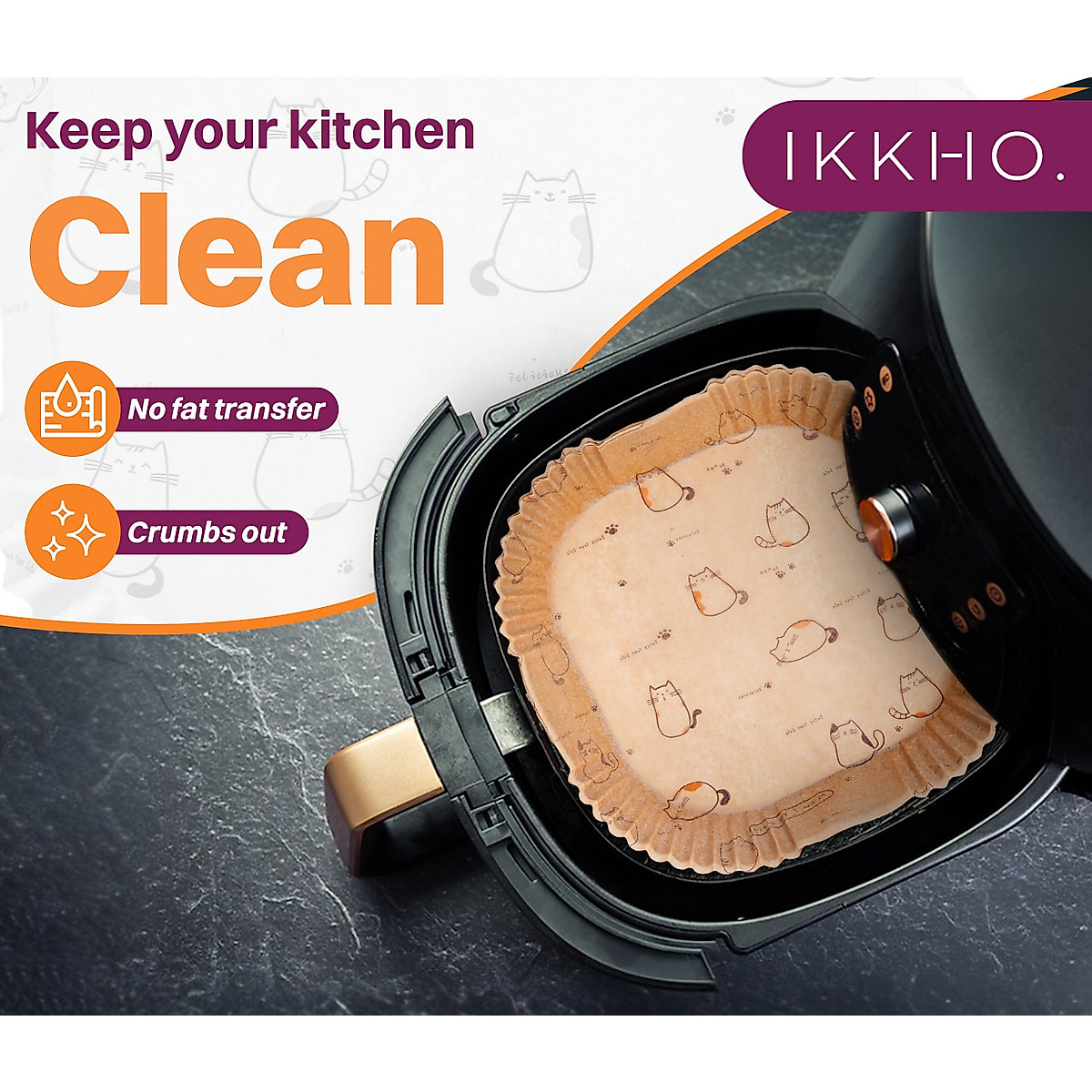 Air Fryer Disposable Paper Liner with Design | 100 Pcs Fit for 5 to 8 QT Basket | Non-Stick Oilproof Parchment Sheets for Microwave | 8” Square