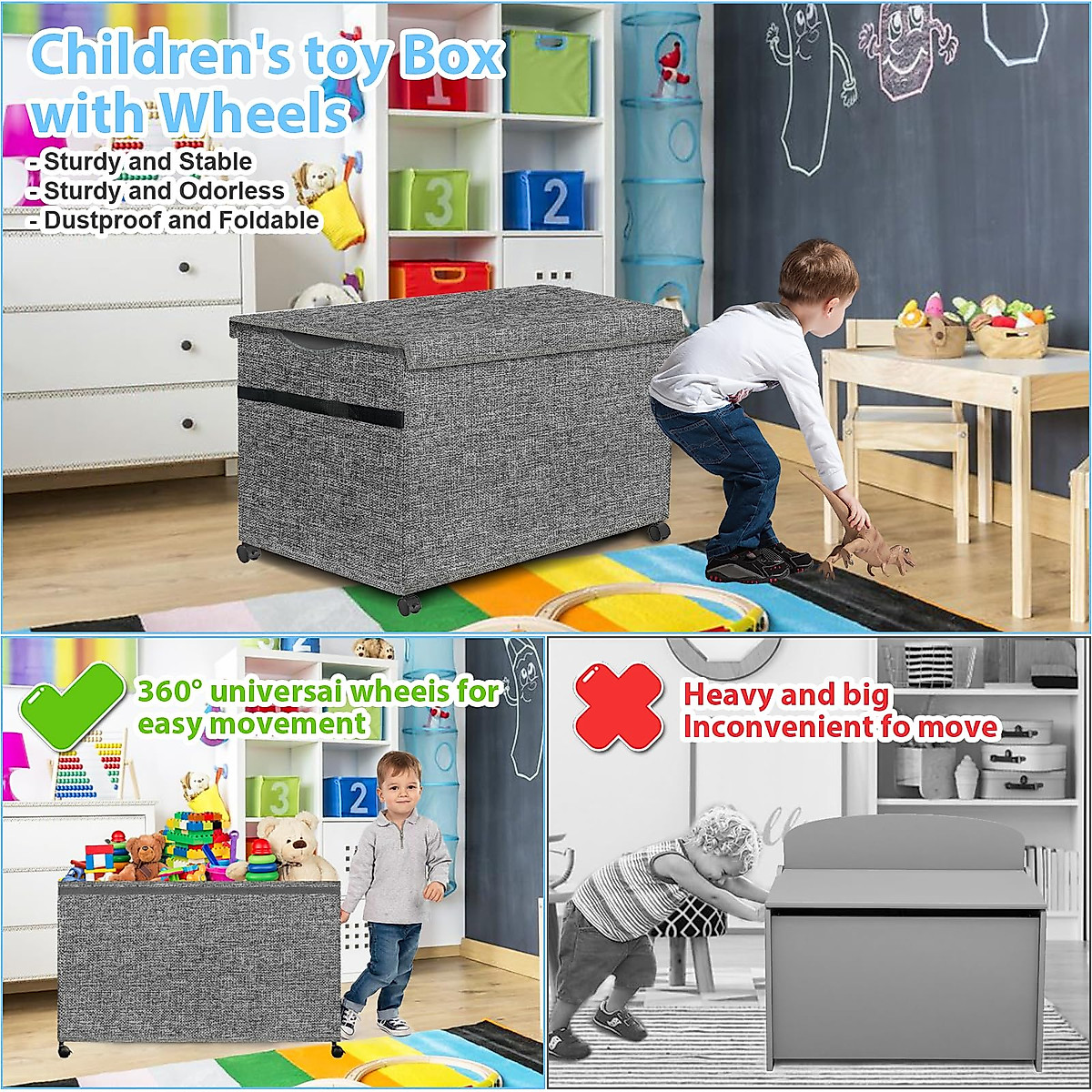 VERONLY Large Kids Toy Box Storage Chest with 360°Wheels,Toy box with Lid for Boys, Girls,Collapsible Sturdy Toy Storage Bins Containers for Stuffed Animals, Clothes, Bedroom, Nursery, Playroom -Gray
