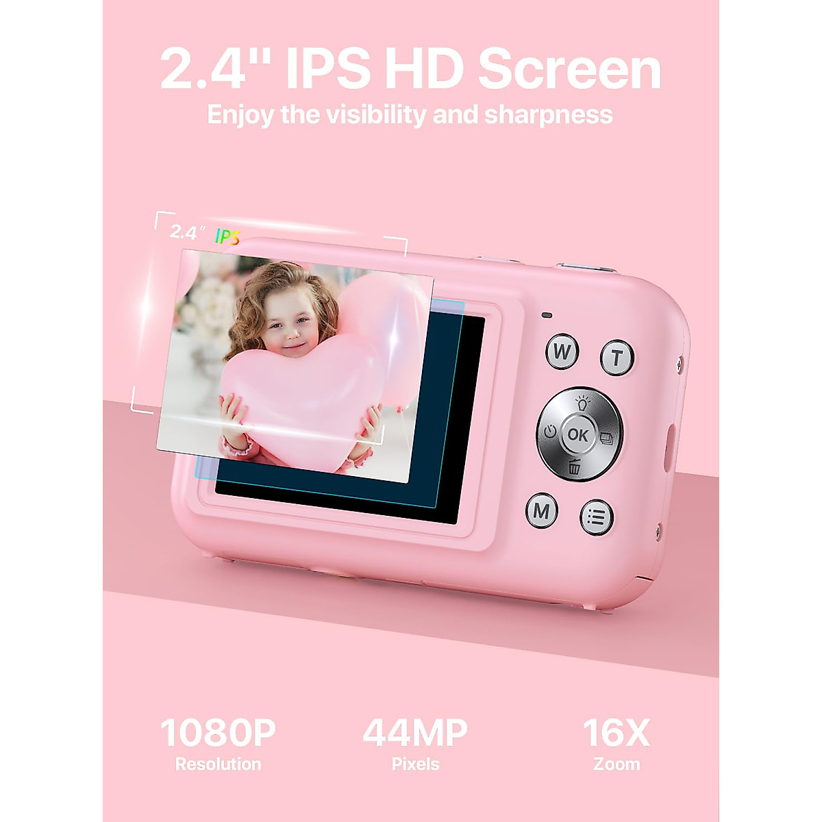 Digital Camera, FHD 1080P Kids Camera with 32GB SD Card 16X Digital Zoom Portable Small Camera, Compact Point and Shoot Camera Mini Digital Camera for Teens Kids Boys Girls Students Seniors - Pink
