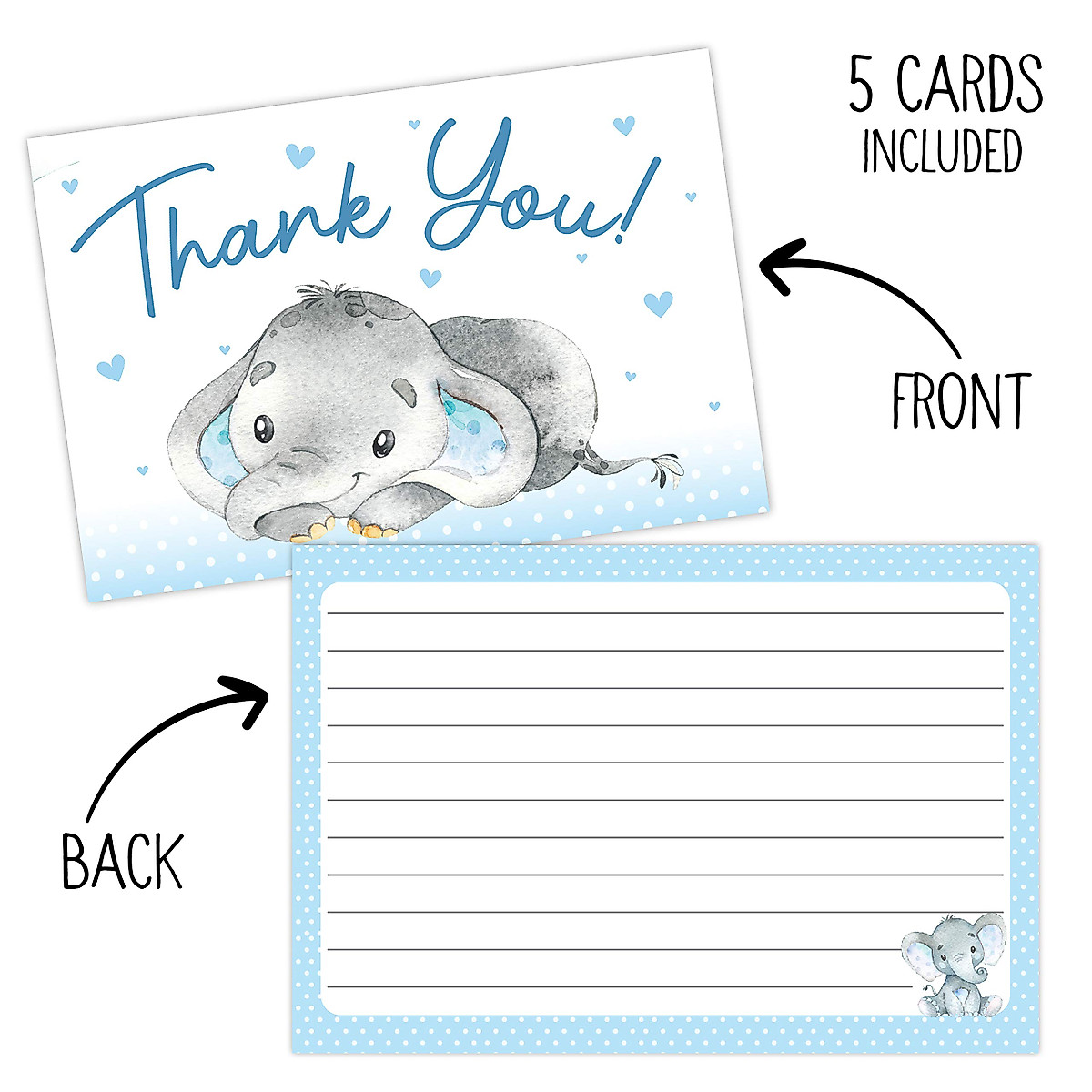 Your Main Event Prints 50 Elephant Baby Shower Thank You Cards - Boy Baby, Mama Baby Shower Favor and Games - 6 Different Designs Included - 25 Blank and 25 Pre-Written Thank You Cards