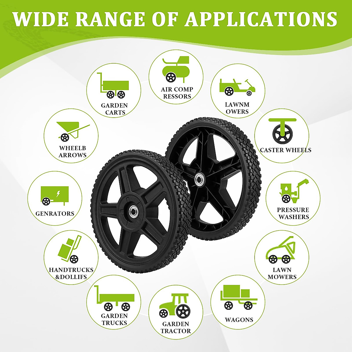 Midcos 12'' Lawn Mower Wheels, Push Mower Plastic Wheels, Set of 2 Wheels Kit for Push Mowers Includes Bolts, Nuts fits Craftsman Mower, Generator, Garden Tiller Most Standard Lawn Mowers (12×1.75'')