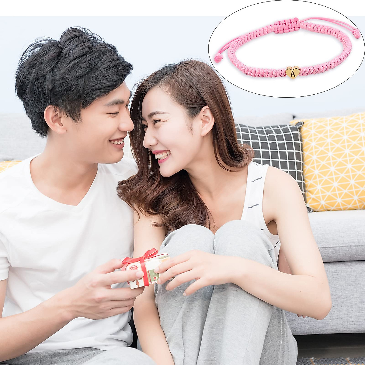 Pink Weave Rope Letter Bracelet for Women, Initial Bracelet Heart Charm 26 Letters A-Z Alphabet Handmade Adjustable Jewelry for Couple Teenage Girls Sister Valentines Day Mother's Day (Pink-C)