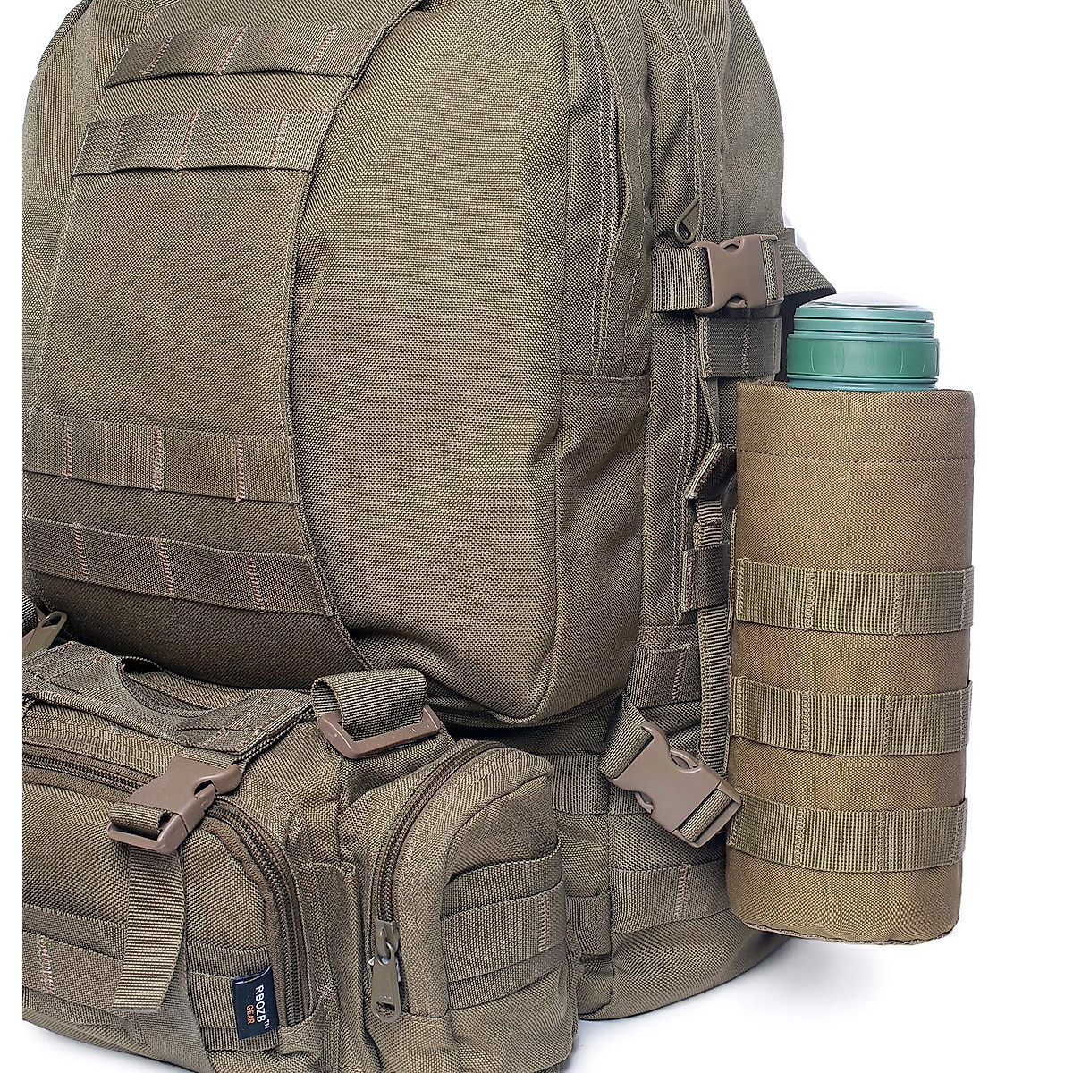 Tactical Molle Water Bottle Pouch Military Drawstring Open Top & Mesh Bottom Travel Water Bottle Holder Bag Tactical Hydration Carrier (Tan)