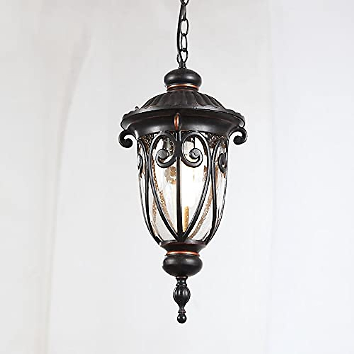 European Outdoor Ceiling Light Hanging Bronze Lantern Brown 16.1" Champagne Hammered Glass Damp Rated Pendant Lights Aluminum Outside for Exterior House Porch Patio Deck Garage Front Door Garden Home