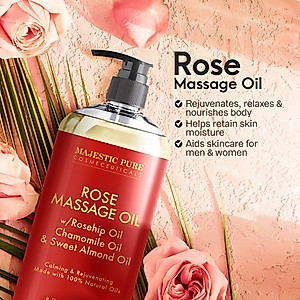 MAJESTIC PURE Rose Massage Oil - Hydrating, Calming, Warming, Relaxing & Rejuvenating Body Oil - Premium Grade, Made with Natural Oils - Skin Care for Men and Women - Made in USA - 8 fl oz