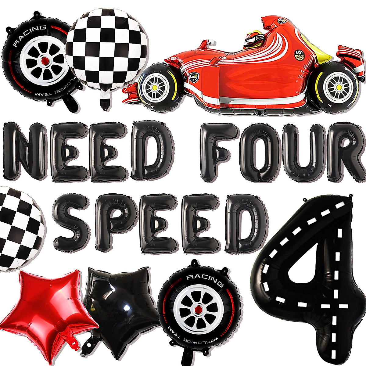 JeVenis Need Four Speed Birthday Decoration Need Four Speed Balloons Backdrop Racing Car 4th Birthday Decoration Boys 4th Birthday Party Supplies Car Balloons