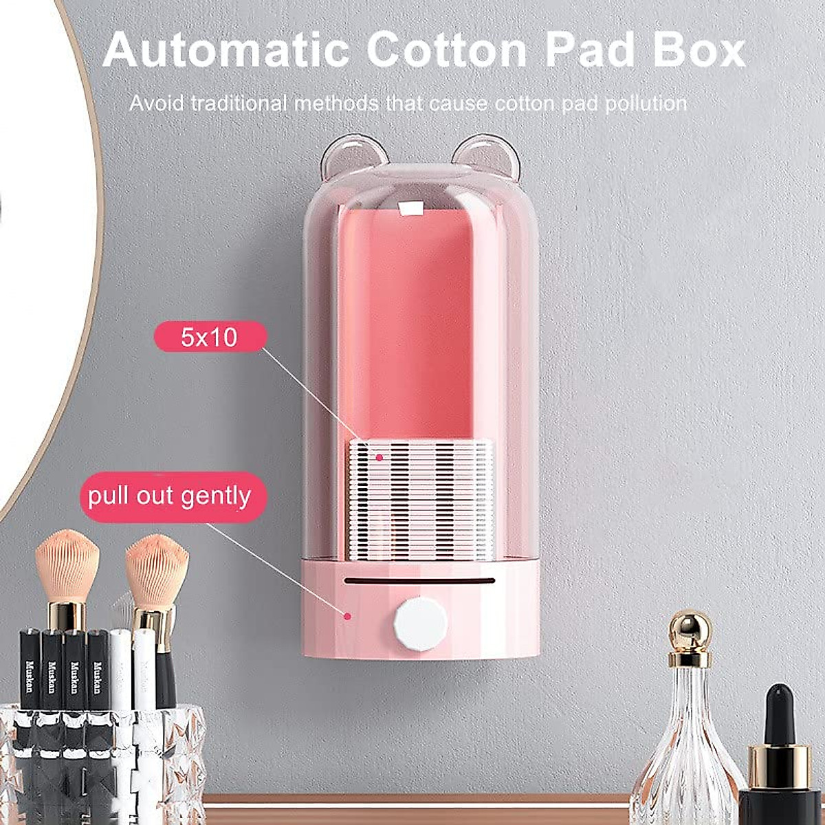 Automatic Cotton Pad Dispenser Wall-mounted Cotton Pad Holder Cotton Pad Organizer Press Out Cotton Square Holder Cotton Pad Round Holder Makeup Organizer for Pads Cotton Round Dispenser (Pink)