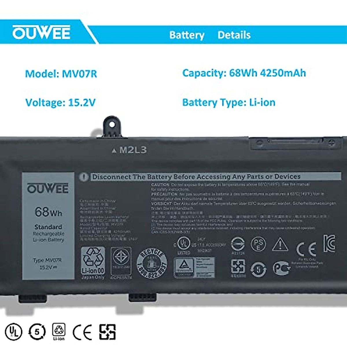 OUWEE MV07R Laptop Battery Compatible with Dell G3 15 3500 3590 G5 5500 5505 SE Series Notebook 0JJRRD 266J9 15.2V 68Wh 4250mAh
