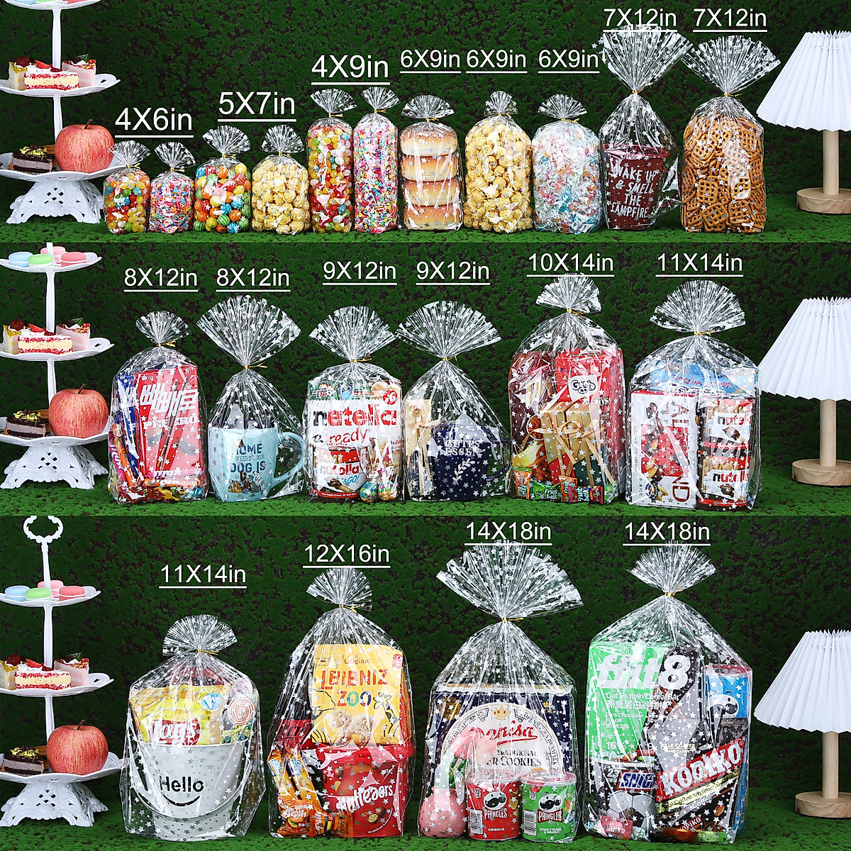 Bottom Gusset Bags 50Pcs 8X12" Silver Star Clear Cellophane Bags Plastic Gift Bags Cello Bags Treat Bags Bulk Party Favor Goodie Cookie with Gold Twist Tie