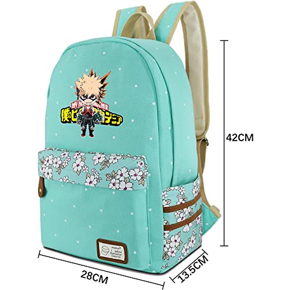 Roffatide Anime My Hero Academia Katsuki Bakugo Backpack Canvas Dots Backpack Green Rucksack Printed Bookbag Flower Pattern Schoolbag