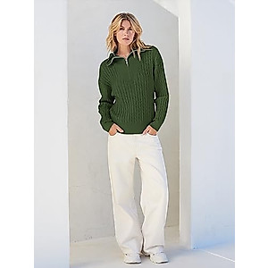 MEROKEETY Women's 2023 Long Sleeve 1/4 Zipper Sweaters V Neck Cable Knit Pullover Tops Army Green Medium