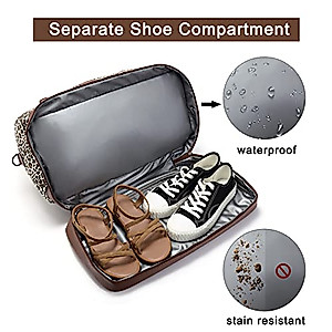 CLUCI Weekender Bags for Women Canvas Duffle Bag Travel Overnight Bags Carry On Tote with Shoe Compartment Leopard Pattern with Brown