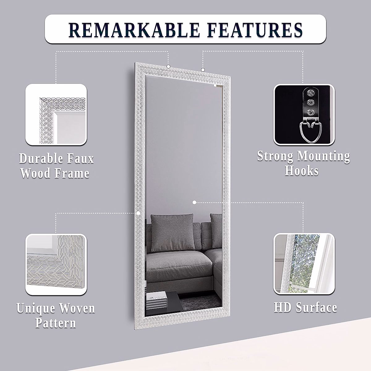 Naomi Home Samantha Woven Floor Mirror Full Length Mirror Standing Large Rectangle Full Body Long Mirrors for Bedroom Dressing Room Silver 66 L x 32 W