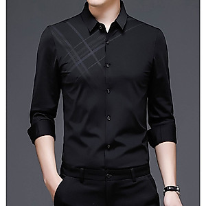 Men Plaid Printed Dress Shirt Turn-Down Collar Button Down Business Shirts Casual Slim Fit Long Sleeve Shirts (Black,56)