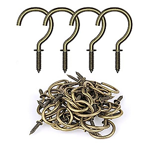 RELBRO 50 Pcs Screw Hooks, 1-1/4 Inch Bronze Cup Hooks Screw in Mug Hooks Metal Heavy Duty Screw Wood Wall Ceiling Hooks Plant Hooks Indoor Outdoor for Utensils Baskets Lights Wreaths